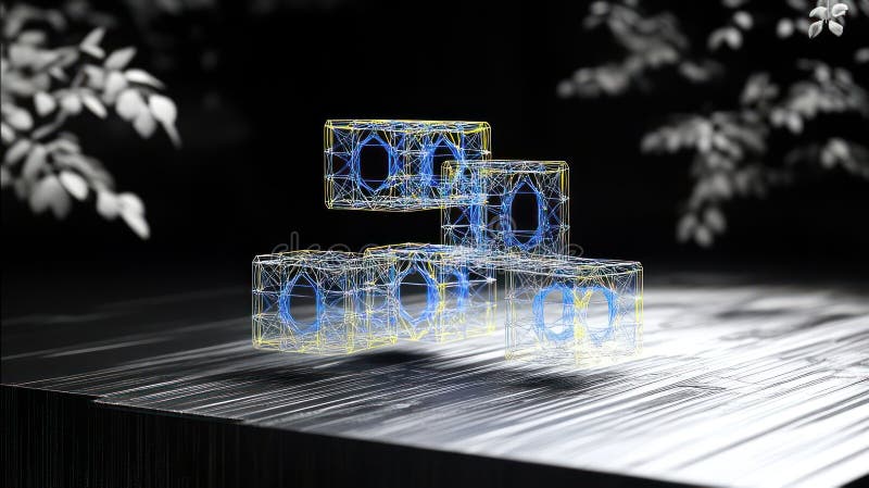 A Digital Rendering of Transparent Blocks with Blue Elements on a ...