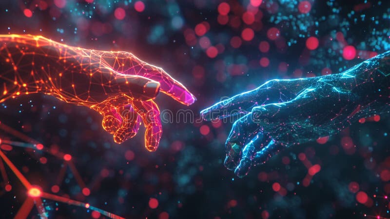 Two Digital Hands Reaching Toward Each Other in a Futuristic Digital ...