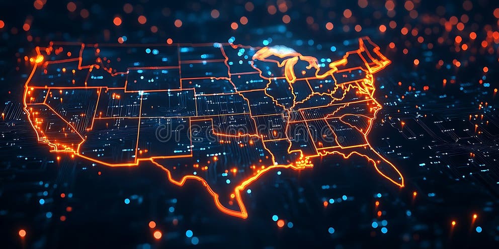 United States Digital Map Glowing Outline with Network Connection ...