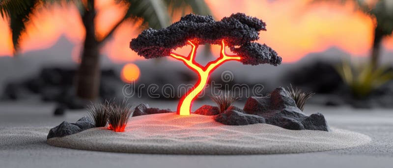 A Digital Rendering of a Volcanic Island with a Lava Tree and Rocks ...