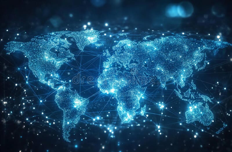 A Digital Rendering of a World Map with Glowing Lines Connecting Major ...