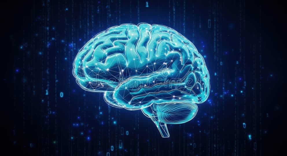 Digital Representation of Artificial Intelligence with Neon Brain and Binary Code Background ...