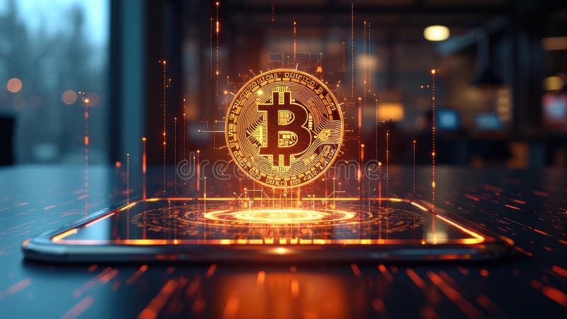 A Digital Representation of a Bitcoin Hovering Above a Tablet ...