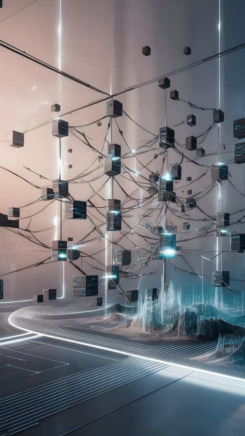 A Digital Representation Of A Blockchain Network With Interconnected Nodes And Data Blocks Stock