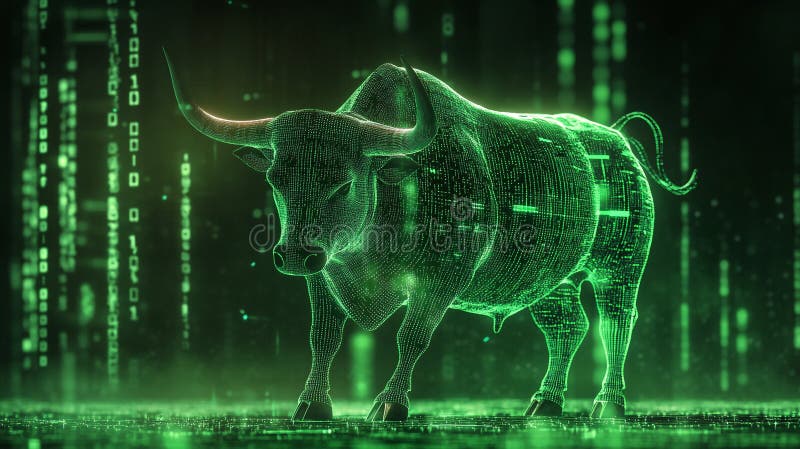 Digital Representation of a Bull in Green Binary Code Against a ...