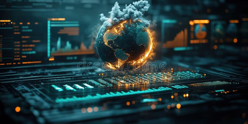 Digital Representation of a Burning Globe Surrounded by Data and Technology Elements Stock Photo ...