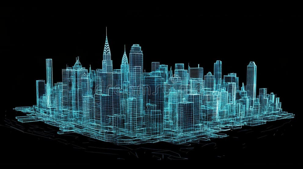 A Digital Representation of a City Skyline in a Futuristic, Wireframe ...