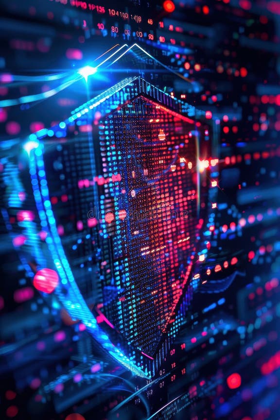 Abstract Cybersecurity Shield with Pixelated Data and Binary Code Visualization Stock Photo ...