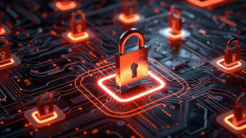 A Digital Representation of Cybersecurity with Locks on a Circuit Board ...