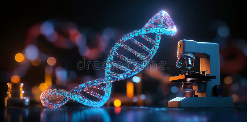 Digital Representation of DNA Double Helix with Microscope Showcasing ...