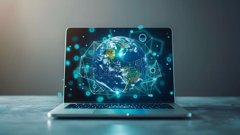 Earth Globe Hovering Above Laptop with Network Connections Stock Photo ...