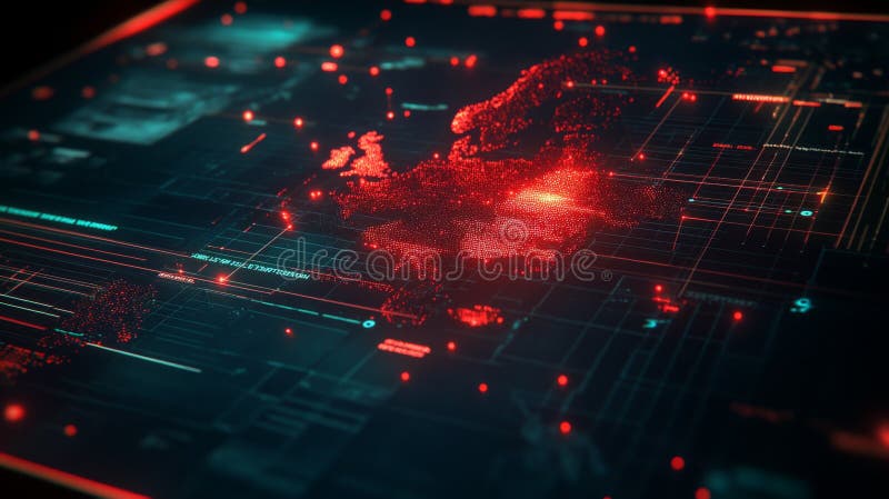 Digital Representation of Europe with Red Dots and Grid Lines Stock ...
