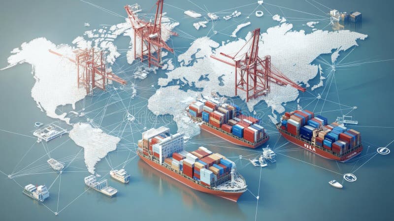 Digital Representation of Global Trade with Cargo Ships and Cranes ...