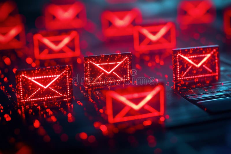 Digital Representation of Glowing Red Message Icons in a Futuristic ...