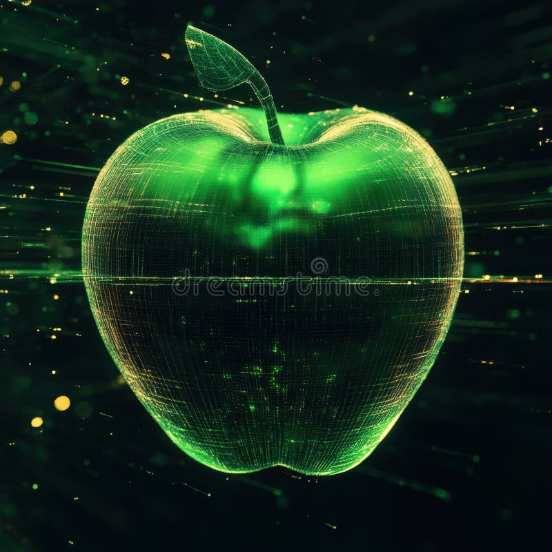 Digital Representation of a Green Apple with Glowing Data Lines in a ...