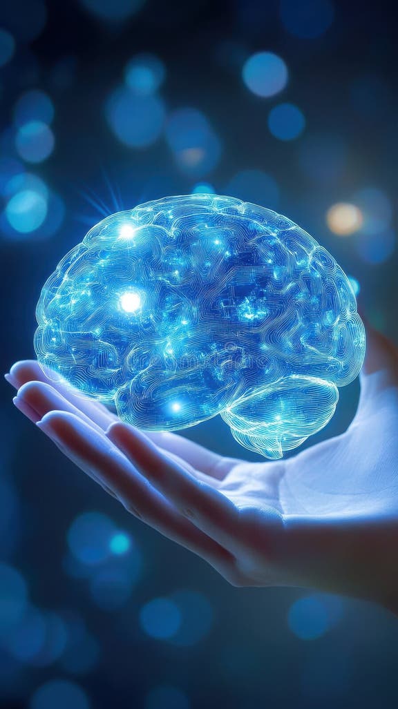 A Digital Representation of a Human Brain Held in Open Palms Stock ...