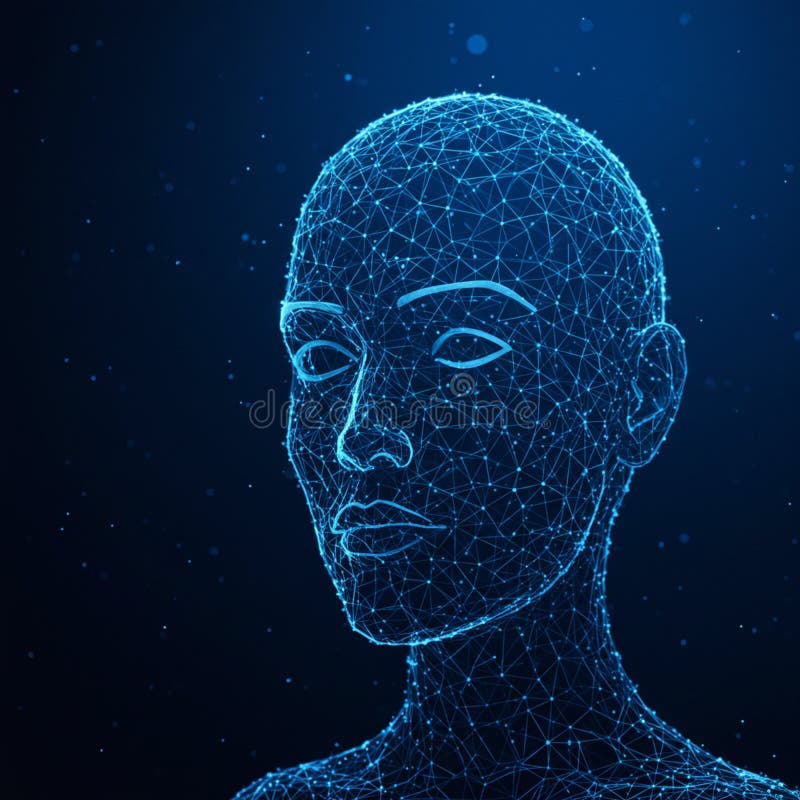 A Digital Representation of a Human Head Composed of Blue Polygonal ...