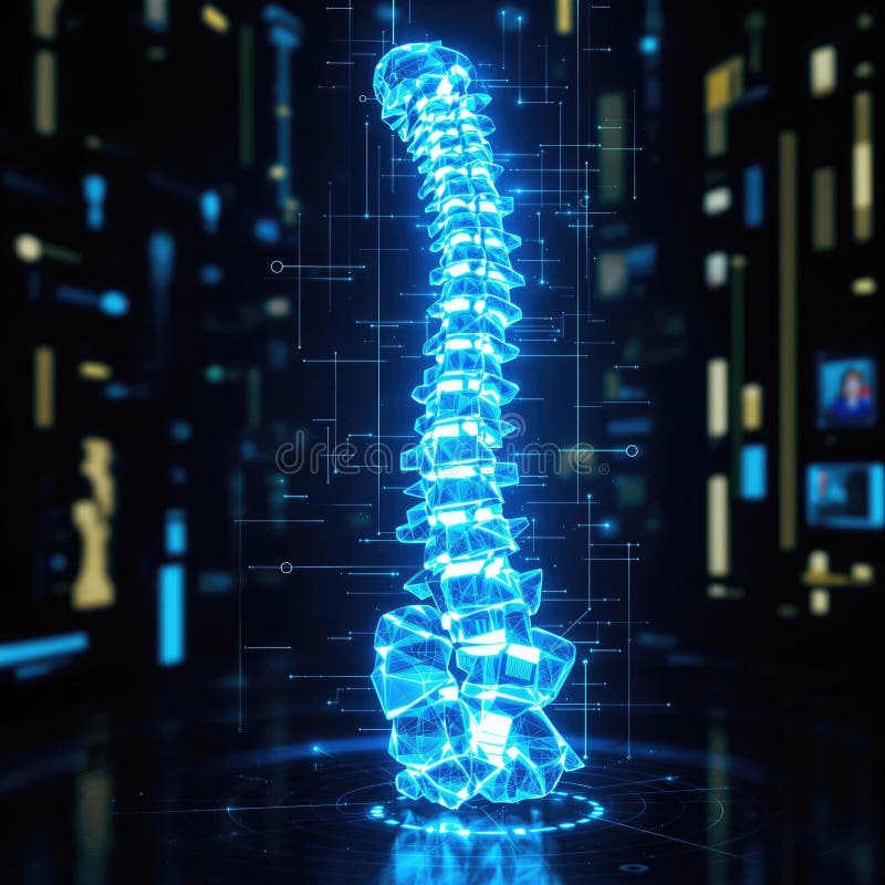 Digital Representation of a Human Spine Illuminated in Blue, Surrounded ...