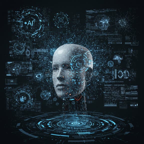 A Digital Representation of a Humanoid Face Surrounded by Complex Data ...