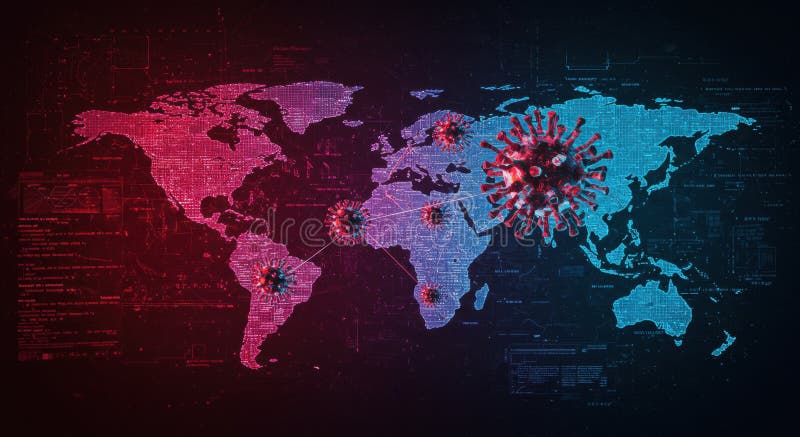 Global Virus Spread Map with Interconnected Markers Showing Regions ...