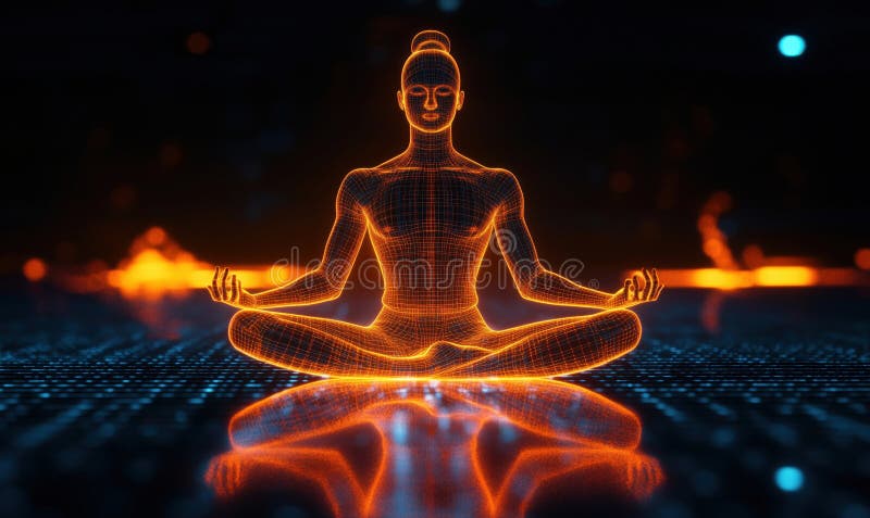 Digital Representation of Meditating Figure in Glowing Wireframe Design ...