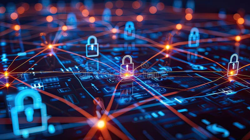 Digital Network Security with Lock Icons on Blue Grid Background Stock ...