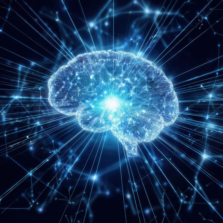 Digital Representation Of A Neural Network With A Luminous Brain And Dynamic Data Streams In An