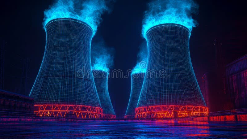 A Digital Representation of a Nuclear Power Plant with Glowing Blue ...