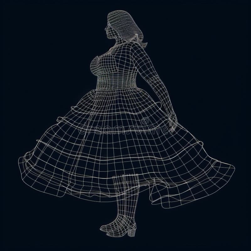 3D Wireframe Design of a Dress Form Spinning Gracefully on a Dark ...
