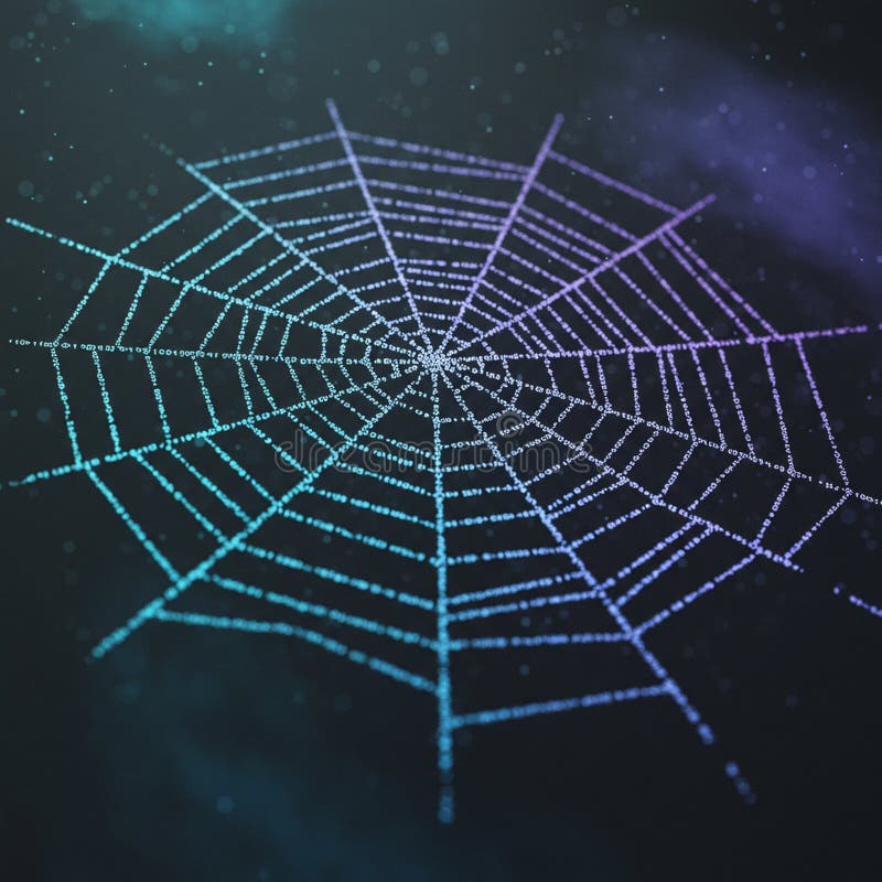 Digital Representation of a Spider Web Composed of Binary Code, Set Against a Dark Stock ...