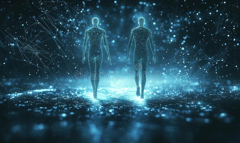 Digital Representation of Two Human Figures Walking in a Futuristic ...