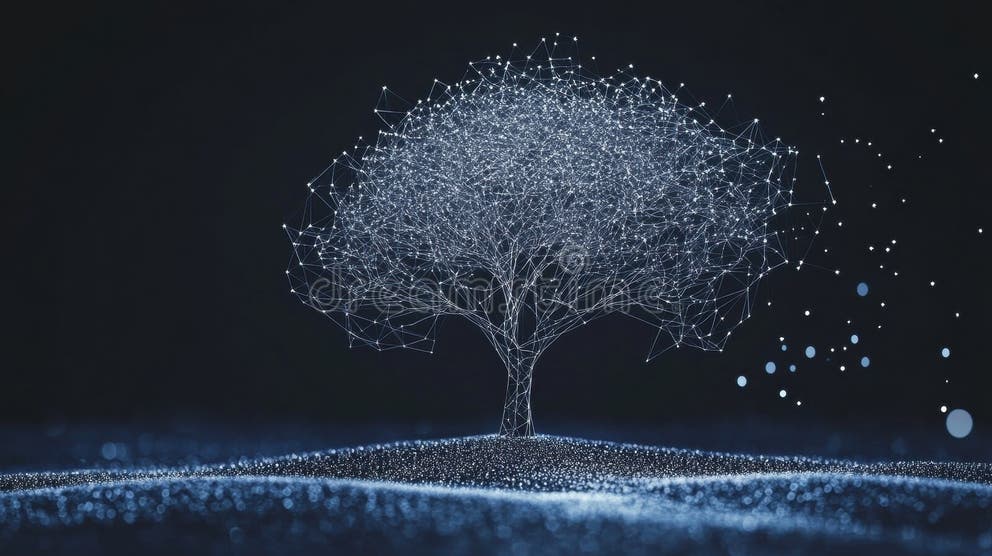 Digital Representation of a Wireframe Tree with Glowing Particles Stock ...