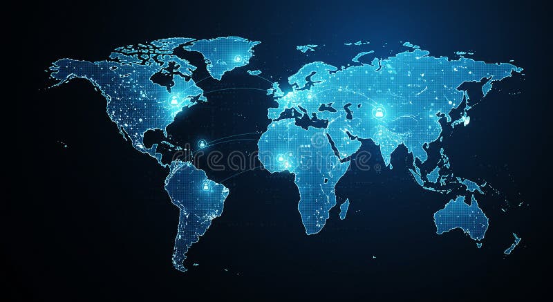 A Digital Representation of a World Map is Depicted in Glowing Blue on ...