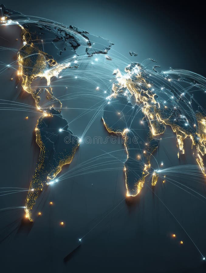 Digital World Map Glowing Connections Network Lines Across Continents ...