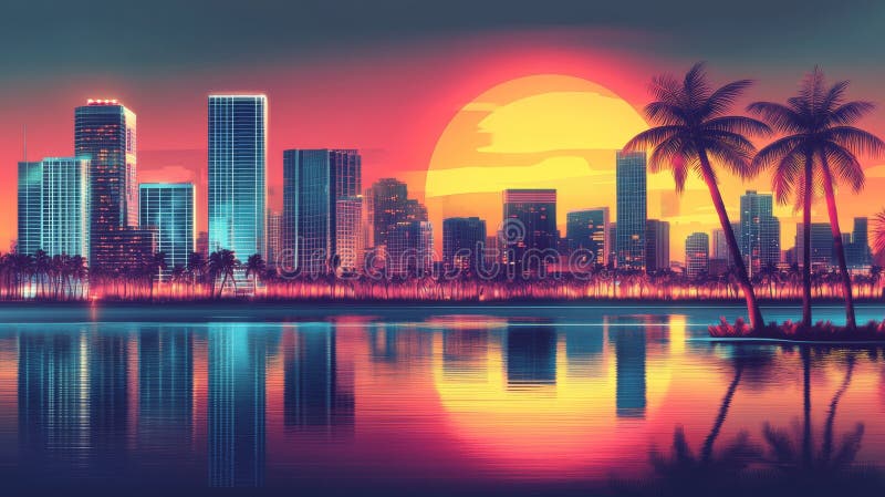 A Digital Retro Synthwave Sunset Illustration in Line Art Stock Photo ...
