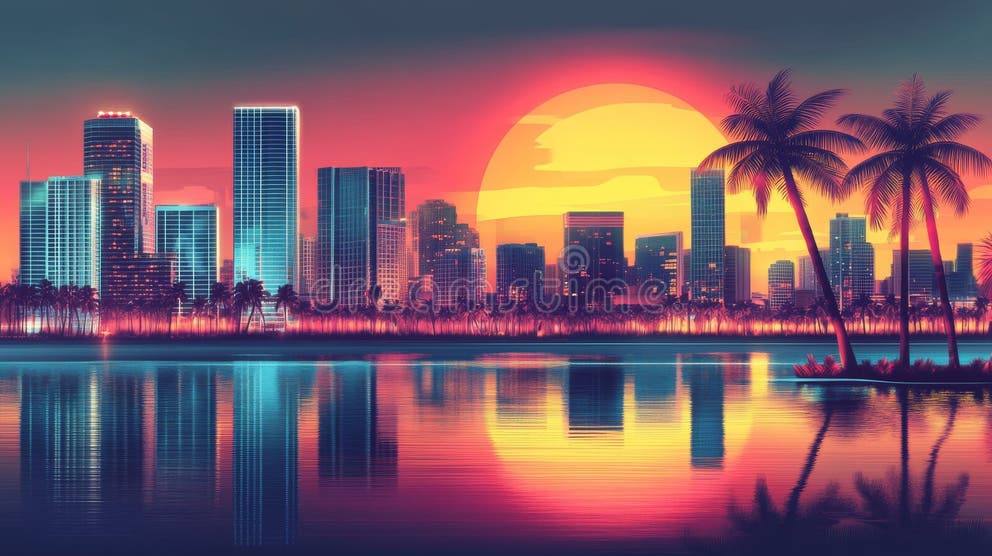A Digital Retro Synthwave Sunset Illustration in Line Art Stock Photo ...