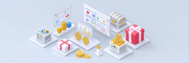 Digital Rewards System with Coins, Gifts, and Graphs in Light Blue ...