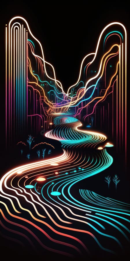 Digital River of Neon Lines in the Dark Digital Illustration Art Stock ...