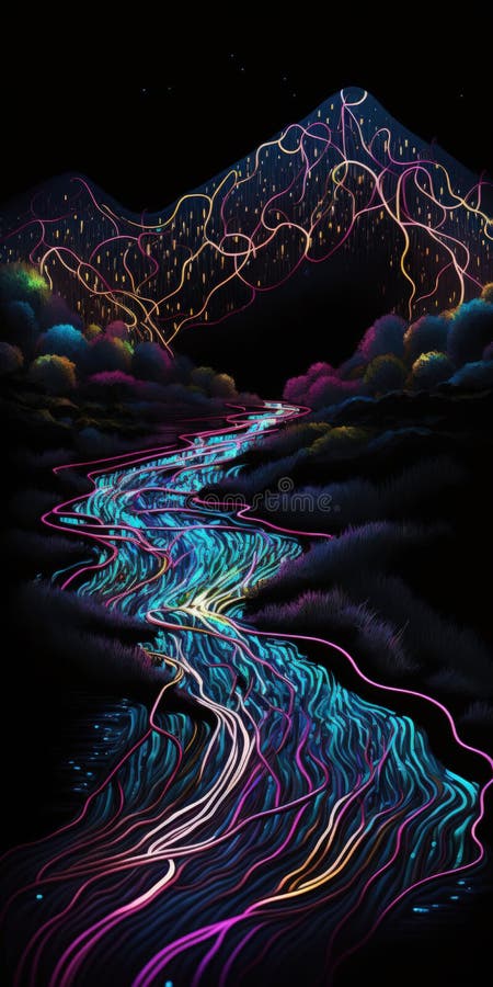 Digital River of Neon Lines in the Dark Digital Illustration Art Stock ...