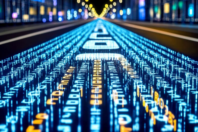 Digital Road with Binary Code Leading To a Futuristic City at Night ...