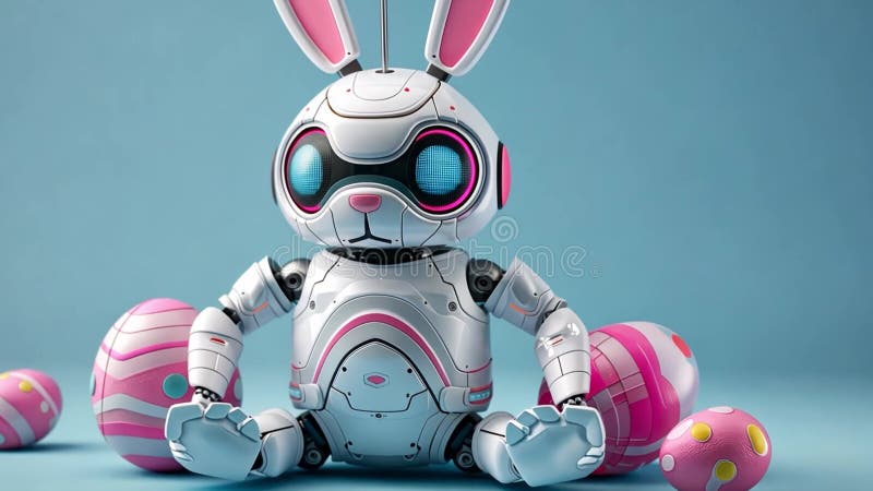 Digital Robot Bunny with Colorful Eggs Celebrates Easter in a ...