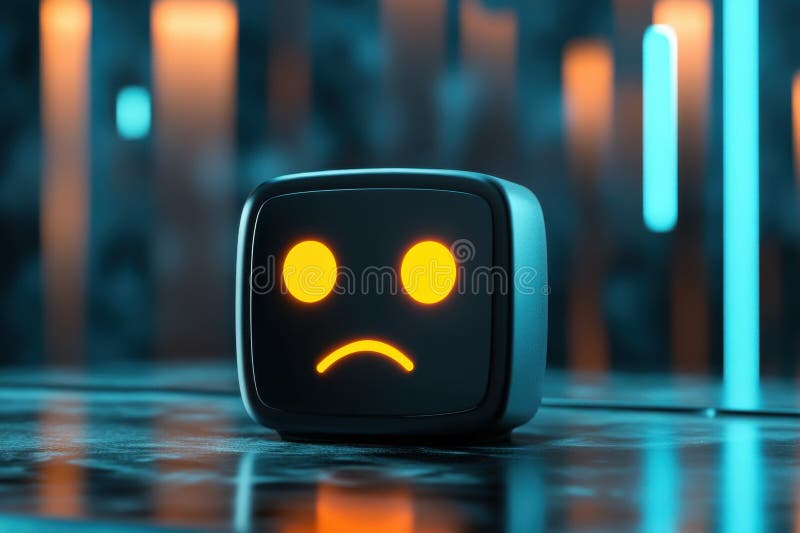 Digital Robot with a Sad Expression in a Futuristic Setting during the ...