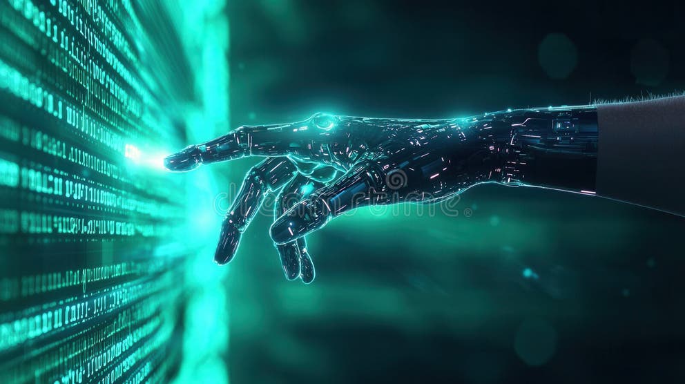 Digital Robotic Hand Touching Futuristic Screen with Flowing Binary Code, Representing ...