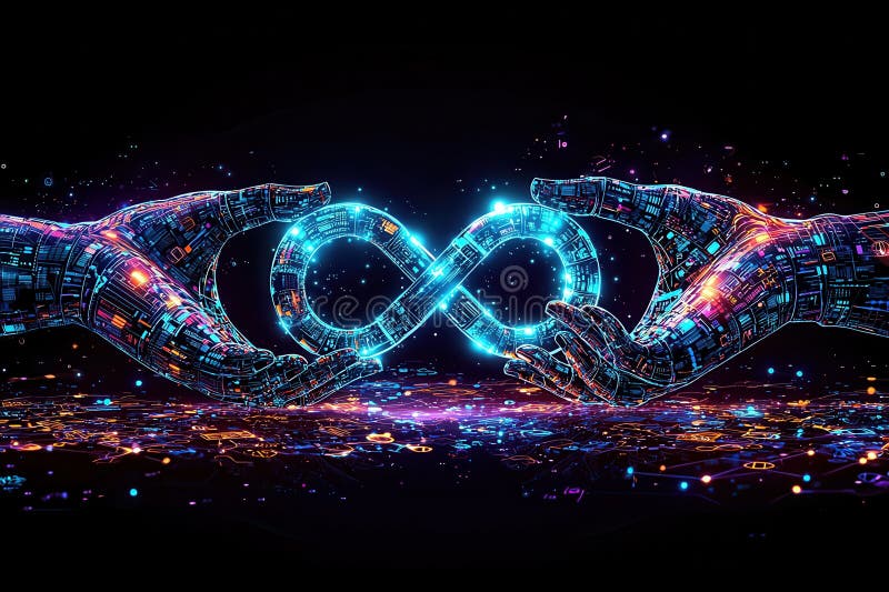 Digital Robotic Hands Exchanging a Glowing Infinite Symbol in Vibrant ...