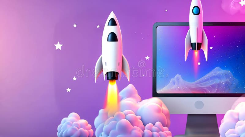 Rocket Ship Launching from a Clouds, Monitor into the for Symbolizing a ...