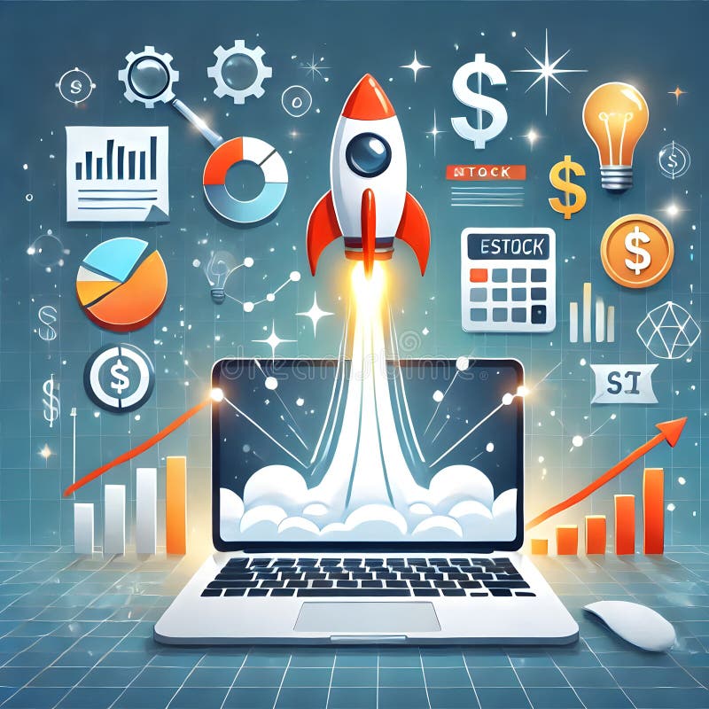 Digital Rocket Emerging from Laptop, Displaying Business Analytics ...