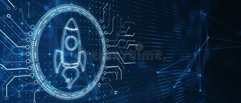 A Digital Rocket Icon with Circuitry Designs on a Blue Abstract ...