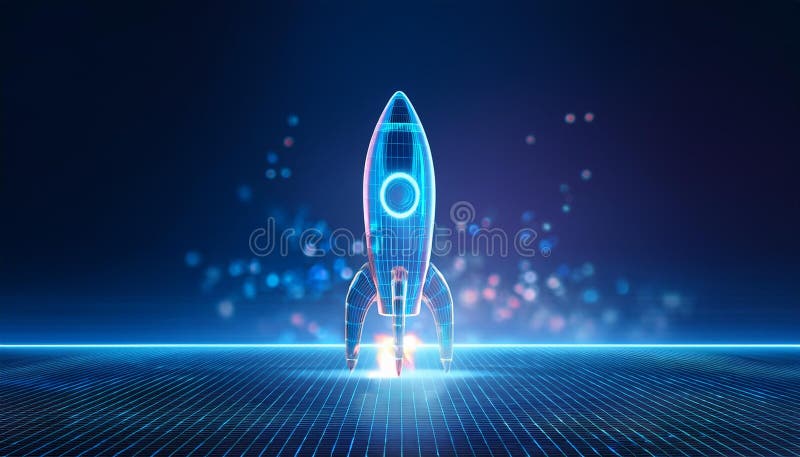 Digital Rocket Launch with Blue Neon Background. 3D Rendering Stock ...