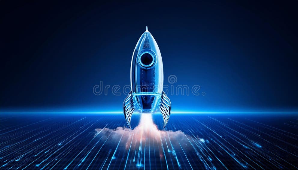 Digital Rocket Launch with Blue Neon Background. 3D Rendering Stock ...