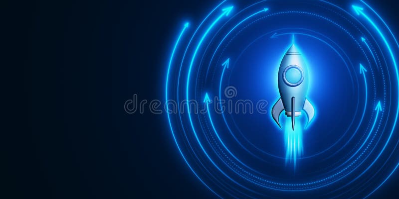 Digital Rocket Launch with Blue Neon Background. 3D Rendering Stock ...